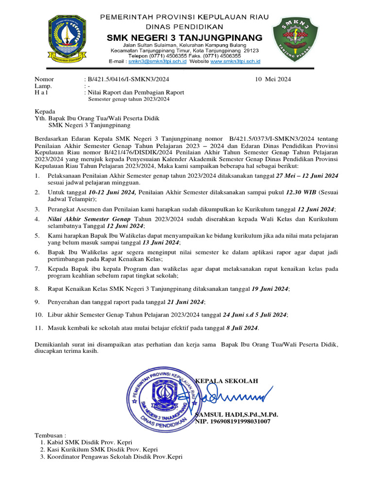 Surat Edaran Akhir Semester Genap 2023 2024 | PDF