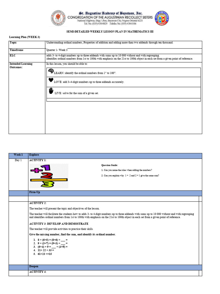 Week 3 Math Lesson Plan: Ordinals & Addition | PDF | Education Theory ...