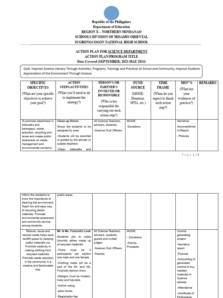 Science Action Plan 2023 2024 | PDF | Science | Recycling