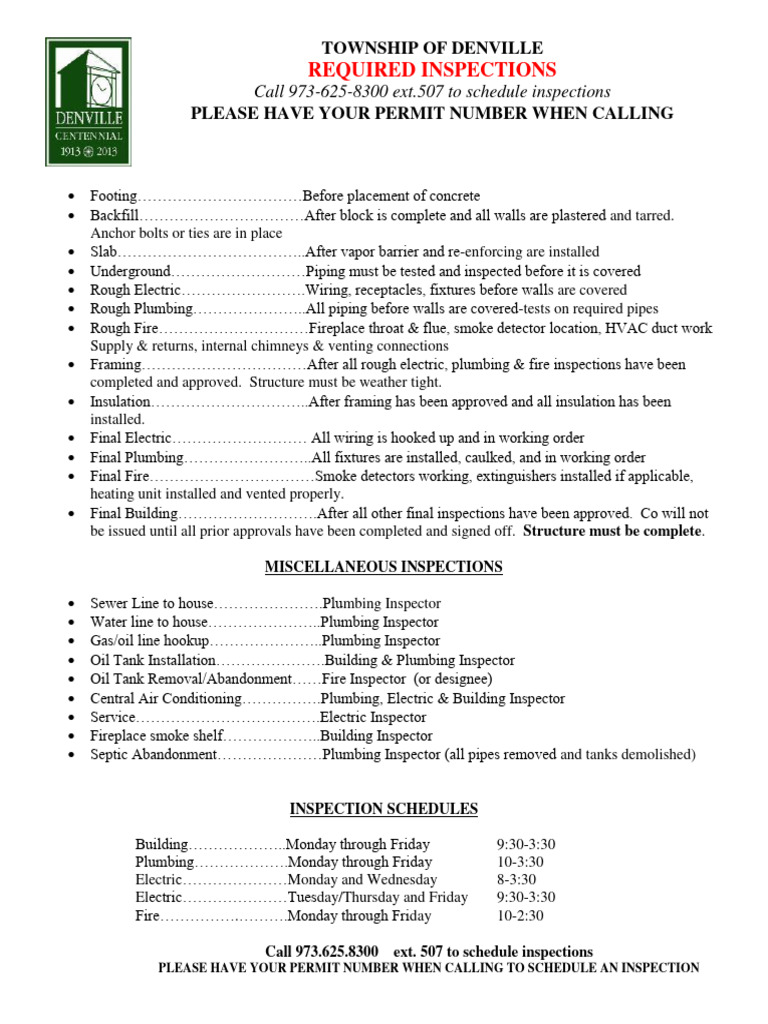 Denville Required Inspection Handout | PDF | Plumbing | Electrical Wiring