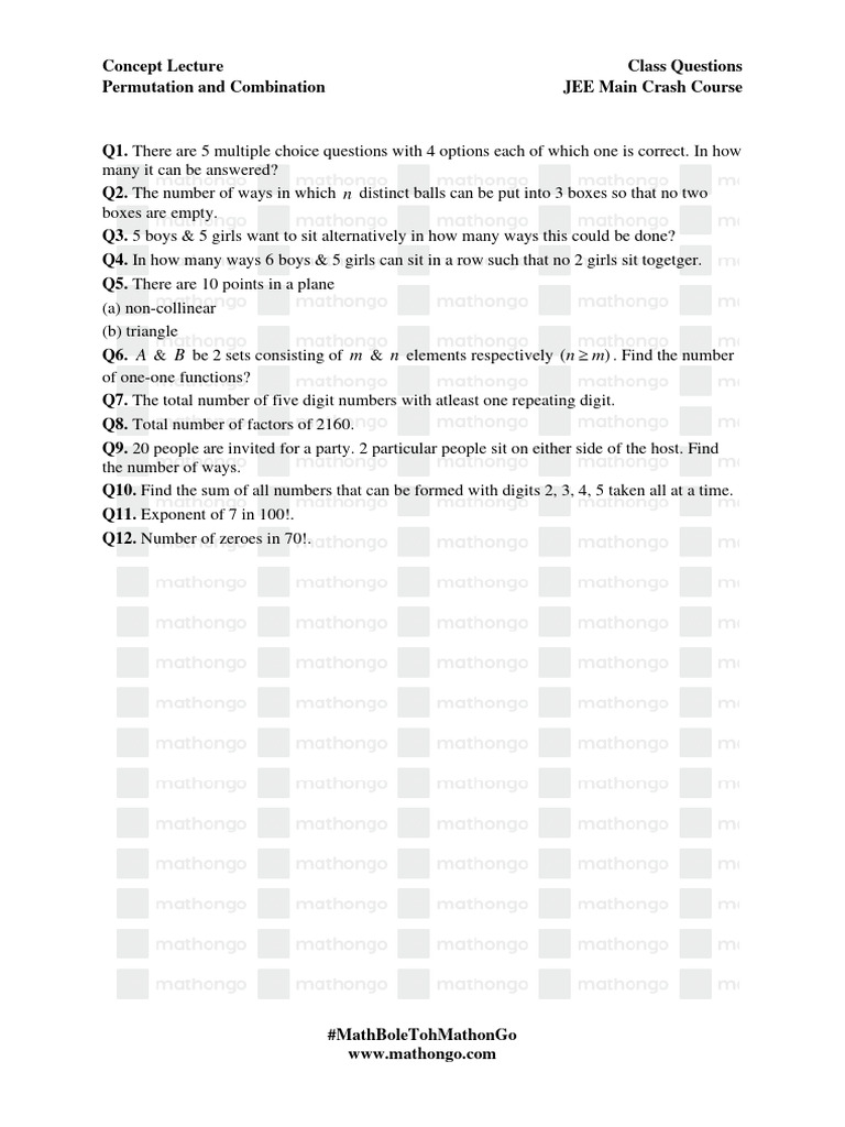 Concept Lecture - Permutation and Combination - Class Question - JEE Main Crash Course | PDF