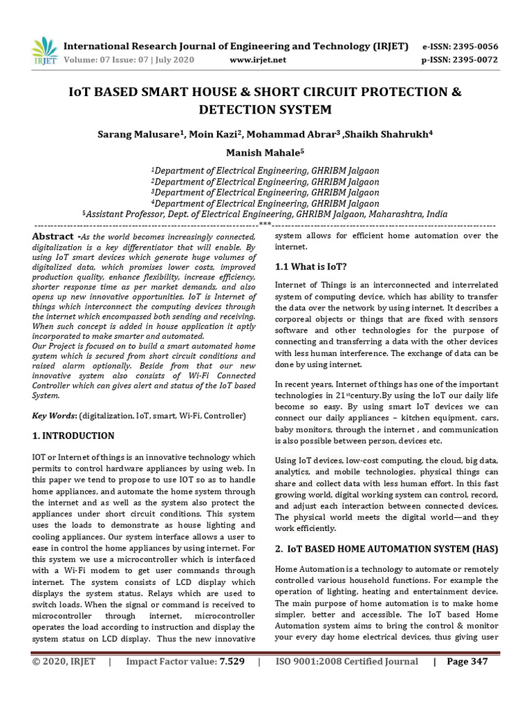 Iot Based Smart House And Short Circuit Pdf Internet Of Things