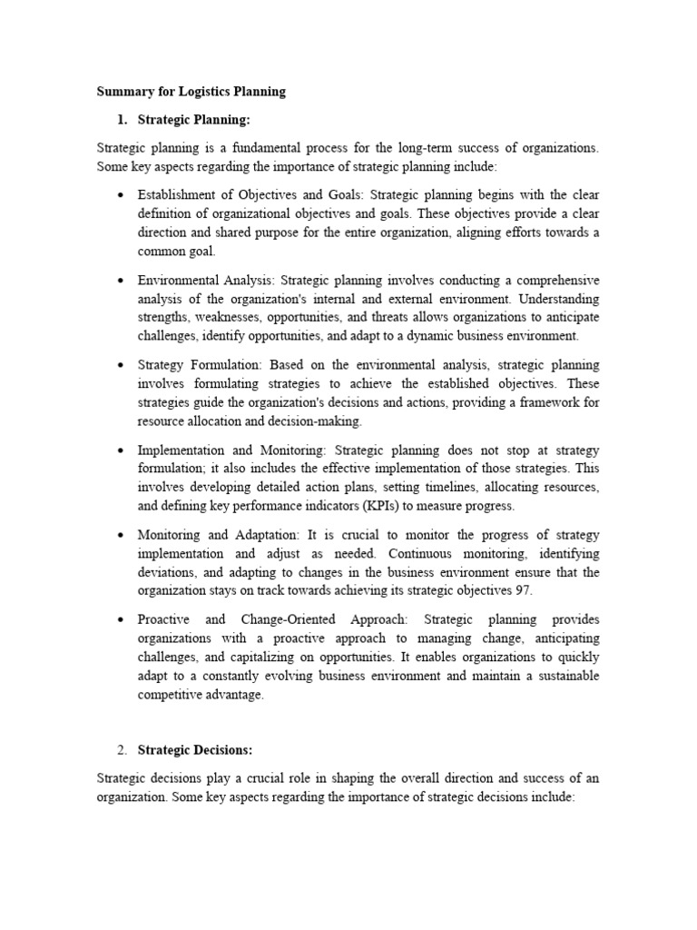 Summary For Logistics Planning | PDF | Logistics | Supply Chain
