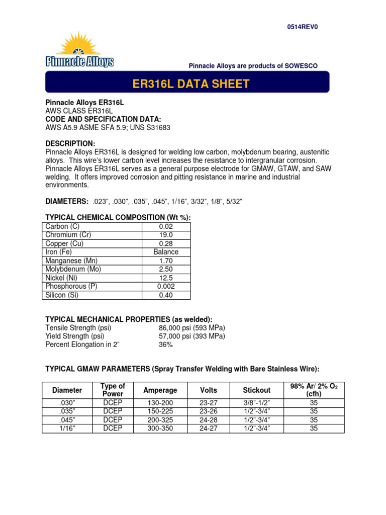 Pinnacle ER316L Tig Welding Wire DATA SHEET | PDF | Materials Science ...