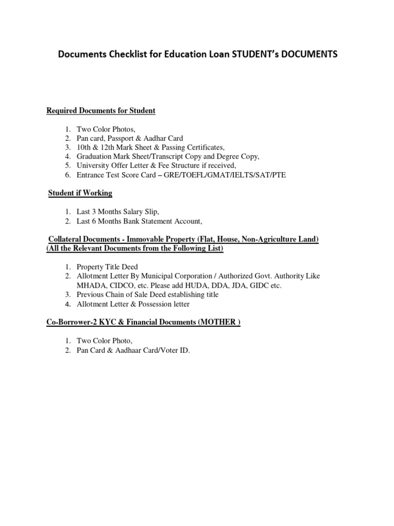 Checklist of Education Loan Collateral | PDF