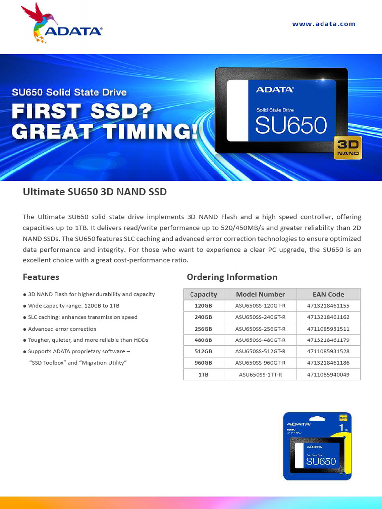 Datasheet Ultimate Su650 25 Inch Sata Ssd 20230620 | PDF | Solid State Drive | Flash Memory