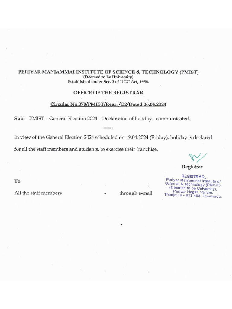 Election Holiday 2024 Circular | PDF