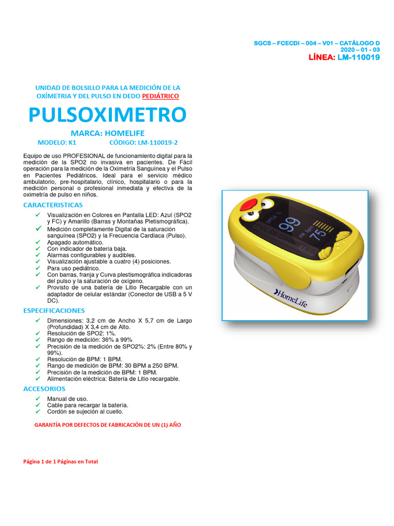 Pulsoximetro Homelife Pediatrico K1 | PDF