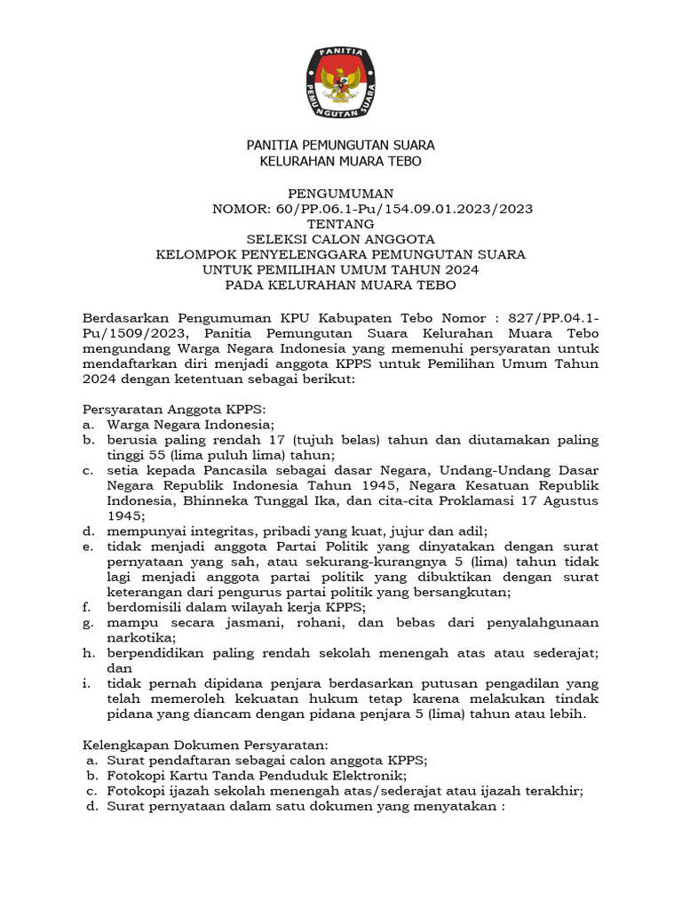 Pengumuman PPS Pendaftaran KPPS Matebo | PDF | Politik | Hukum