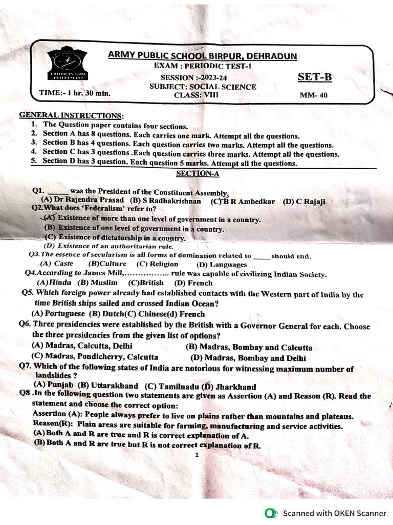 2023-24 Class 8th Question Papers of APS Birpur | PDF