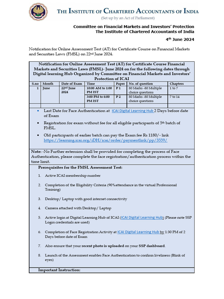 ICAI FMSL Exam Notification 2024 | PDF | Computing