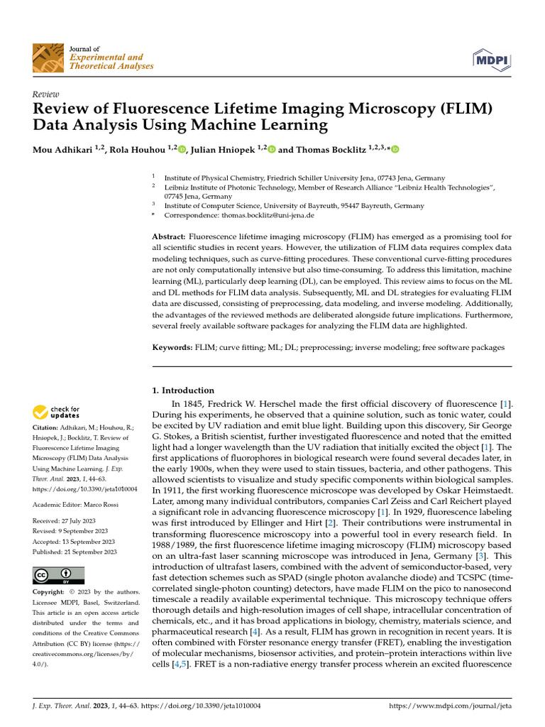 Review of Fluorescence Lifetime Imaging Microscopy (FLIM) Data Analysis Using Machine Learning ...