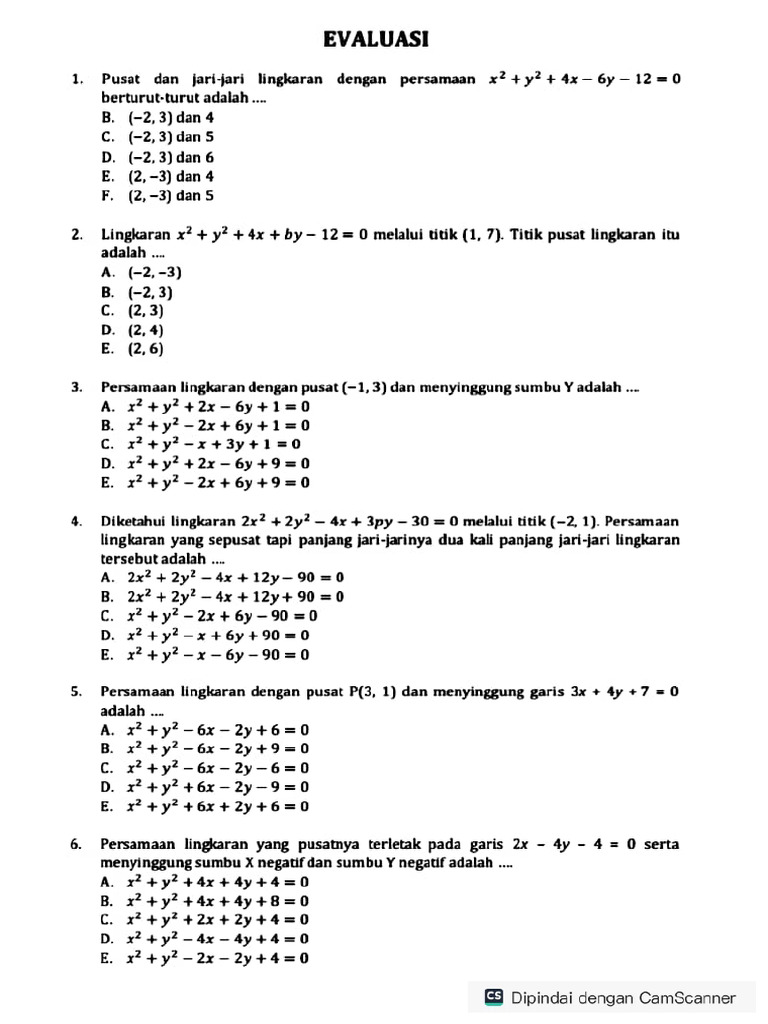 Latihan Soal Persamaan Lingkaran Dan Persamaan Garis Singgung | PDF