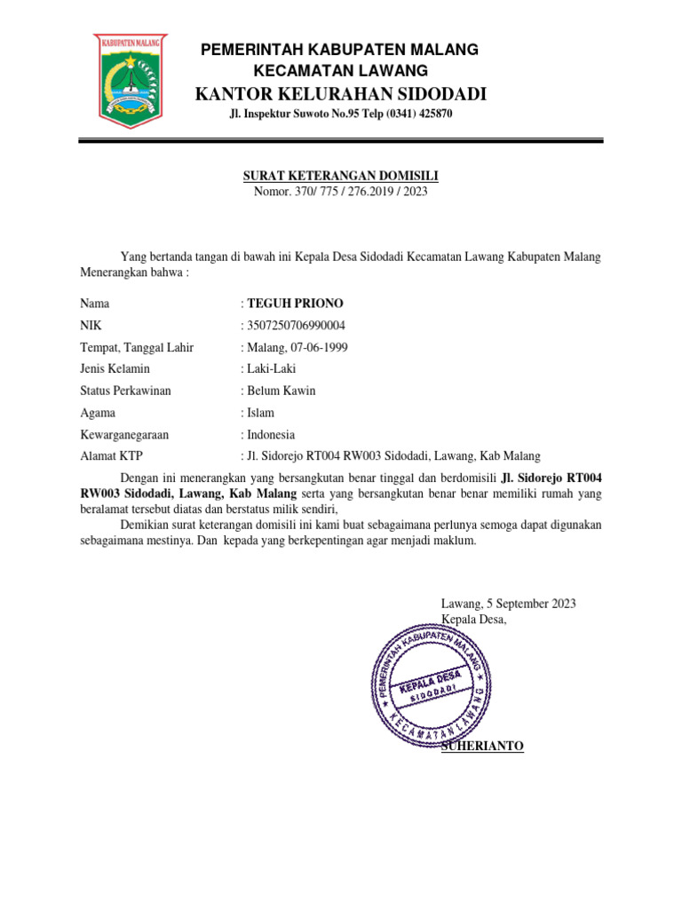 Surat Keterangan Domisili Sidodadi | PDF