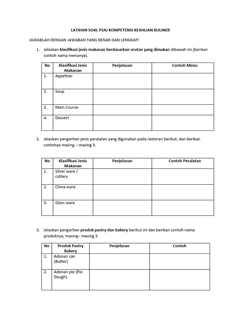 Latihan Soal Psaj Kompetensi Keahlian Kuliner - Xii - 2024 | PDF