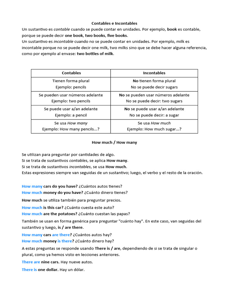 Contables e Incontables | PDF | Sustantivo | Plural