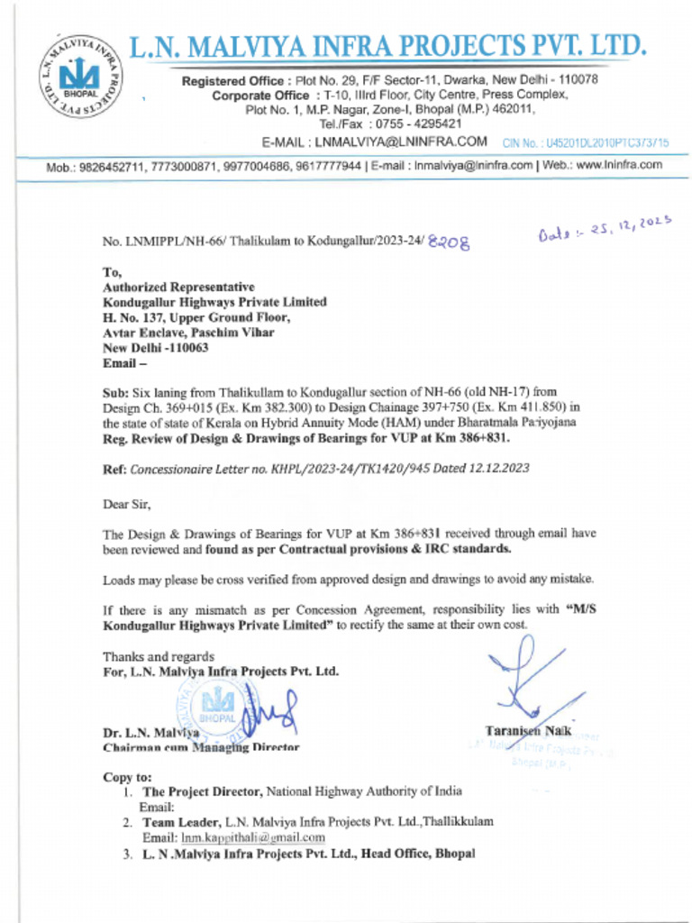 10.06.2024 - D&D of Bearings For VUP at KM 386+831 - Ltr. No.-945 | PDF