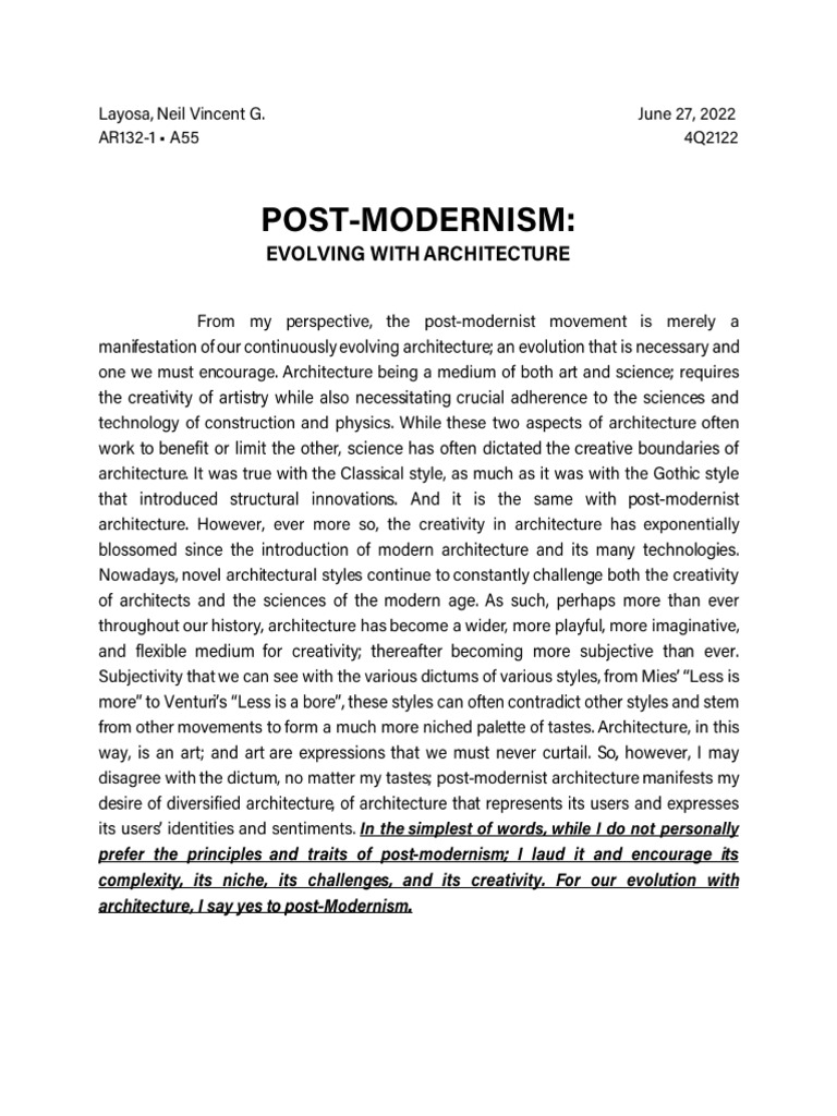 Layosa AR132 A55 Postmodernism Essay | PDF