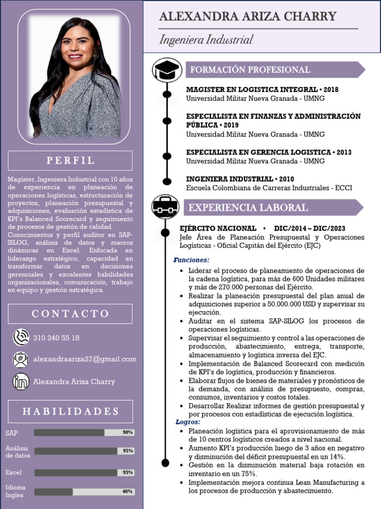 CV - Ing Alexandra Ariza 2023 v2 | PDF | Logística | Planificación