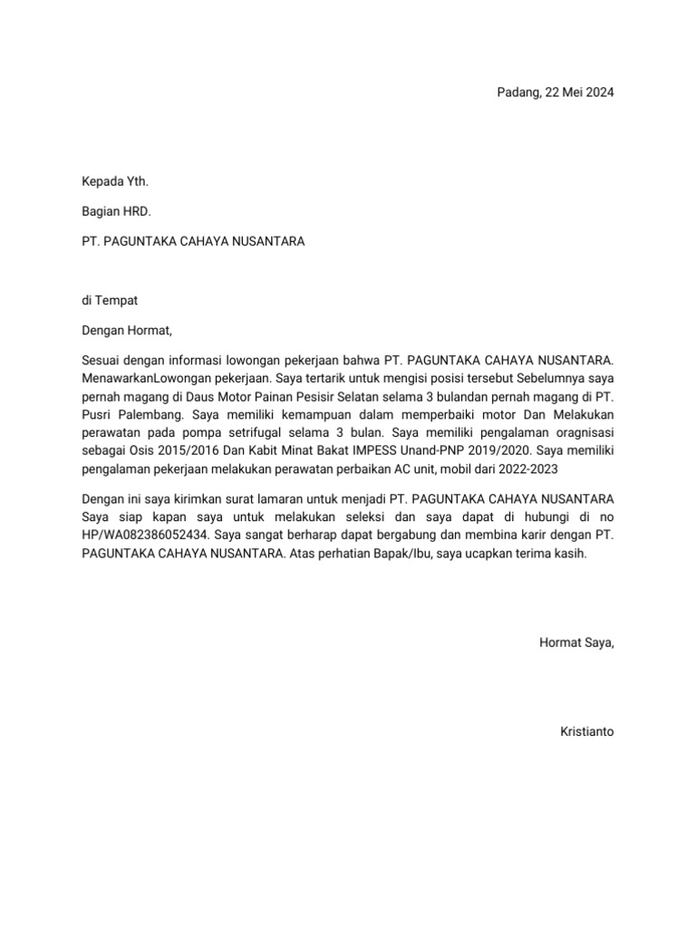 Surat Lamaran Kerja PT Paguntaka | PDF