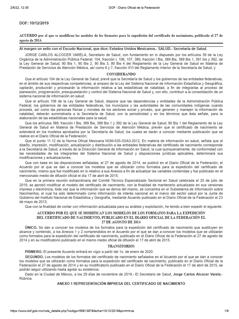 Certificado de Nacimiento Formato 2020 | PDF | Certificado de nacimiento | México