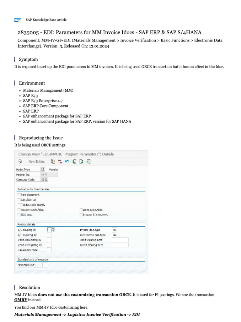 Edi Parameters For Mm Invoice Idocs Sap Erp Sap S4hana Pdf 