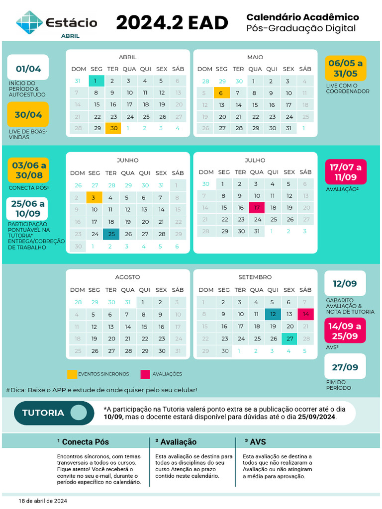 Calendário Acadêmico 2024.2 EAD Pós Estácio - Aluno 08.04 | PDF ...