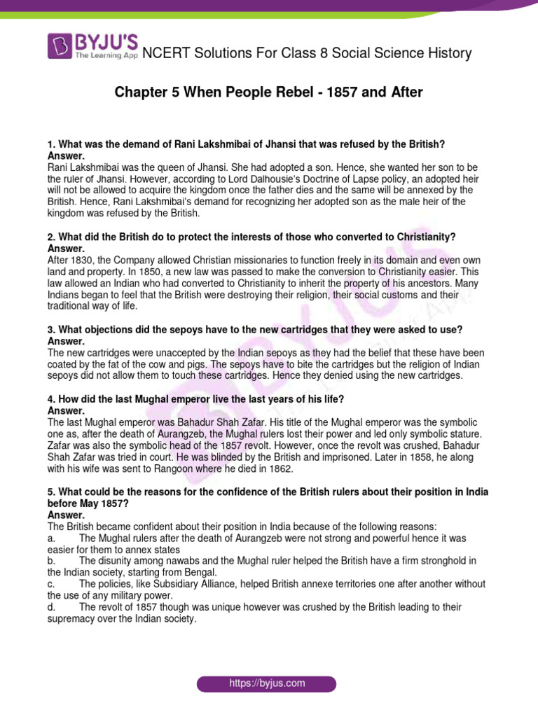 NCERT Solutions For Class 8 Social Science History Chapter 5 When People Rebel 1857 and After ...