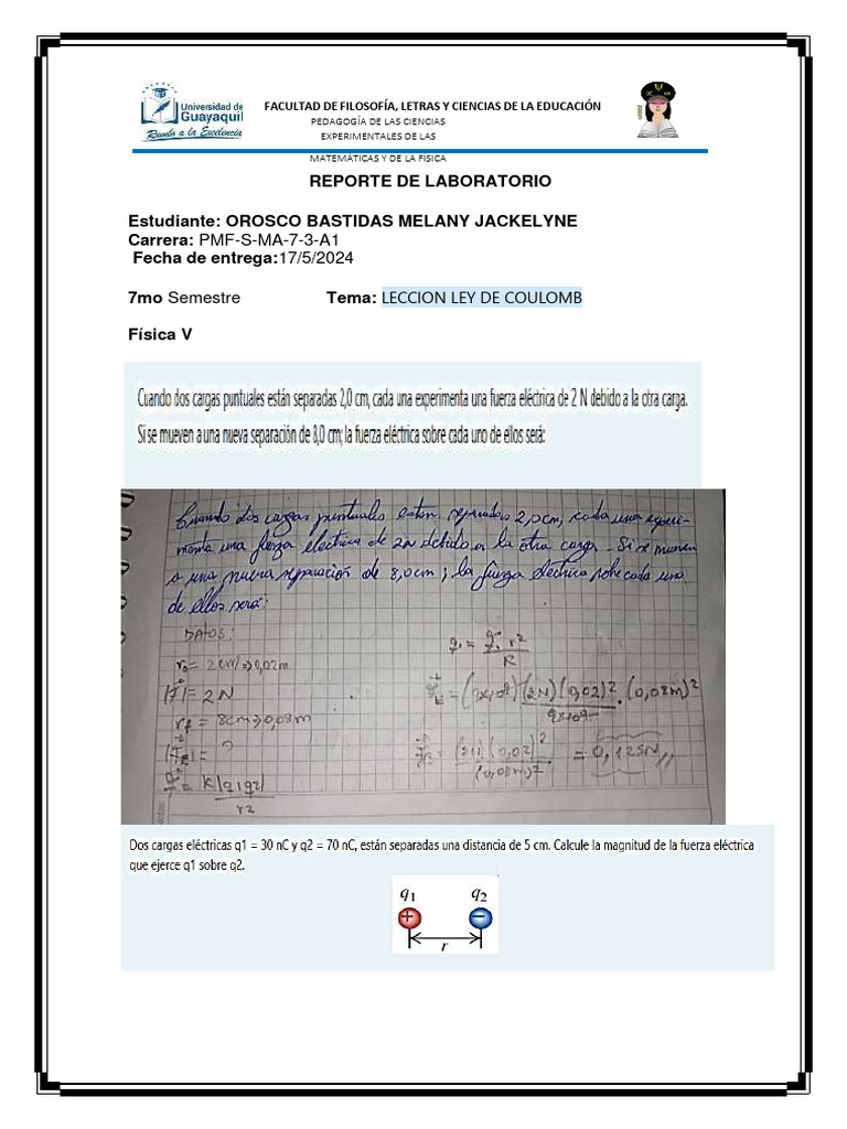 Leccion Ley de Coulomb Resolucion Orosco Bastidas Melany | PDF