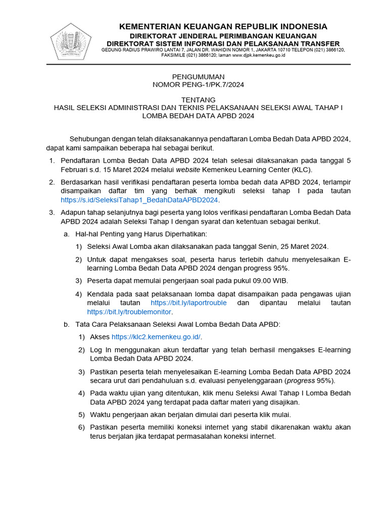 Hasil Seleksi Administrasi Dan Teknis Pelaksanaan Seleksi Awal Tahap I Lomba Bedah Data Apbd ...