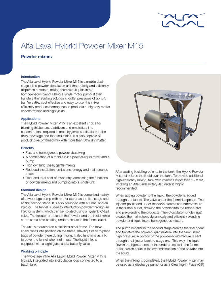 Alfa Laval Hybrid Powder Mixer m15 Product Leaflet | PDF | Pump | Mechanical Engineering