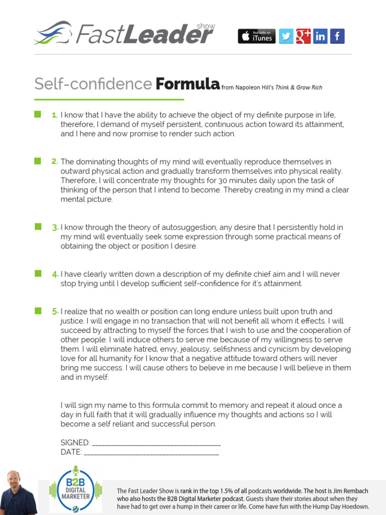 Self Confidence Formula Napoleon Hill | PDF