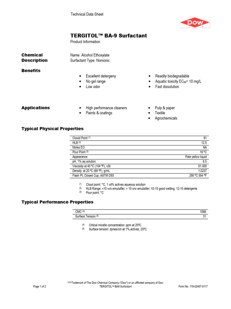 119 02407 01 Tergitol Ba9 Surfactant Tds | PDF | Detergent | Surfactant