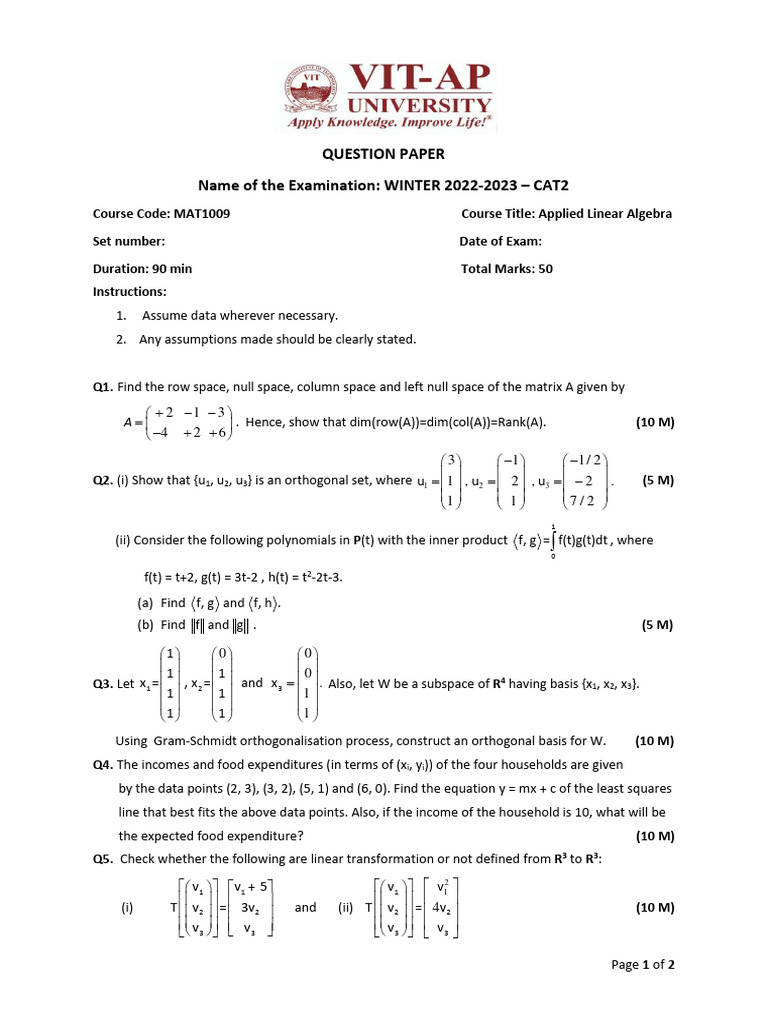 Question Paper Name of The Examination: WINTER 2022-2023 - CAT2 | PDF ...