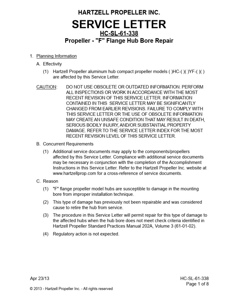 Service Letter: Hartzell Propeller Inc. HC-SL-61-338 Propeller - "F ...