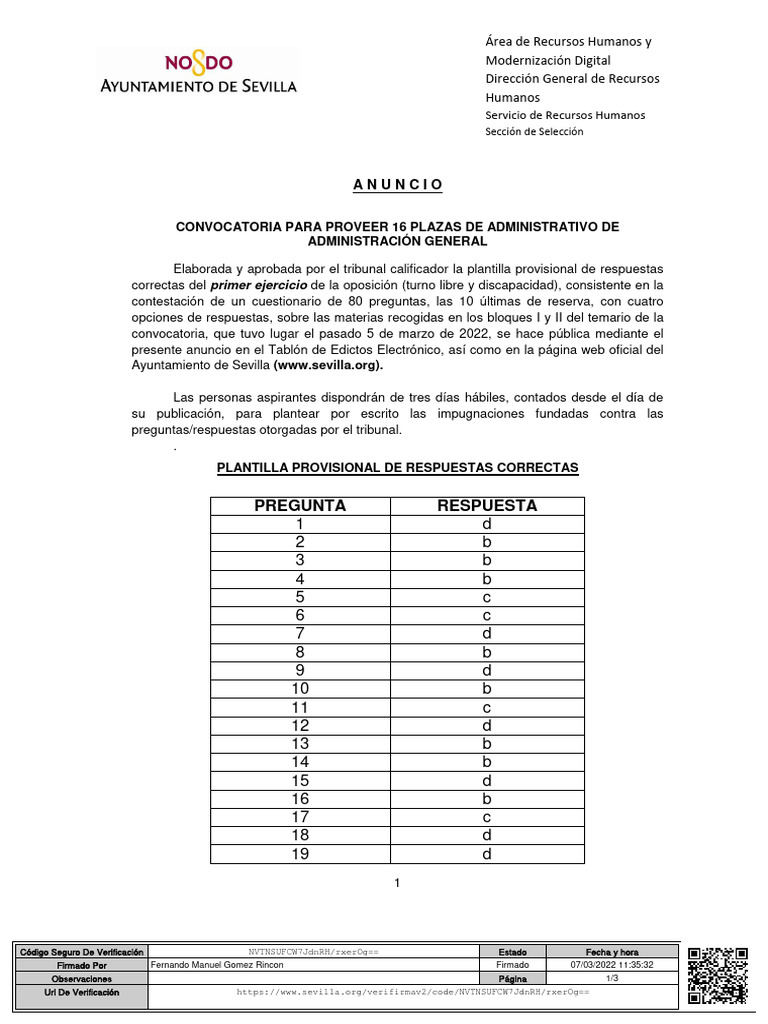 15 Plantilla Provisional 1er Ejercicio (Libre-Discapacidad) | PDF