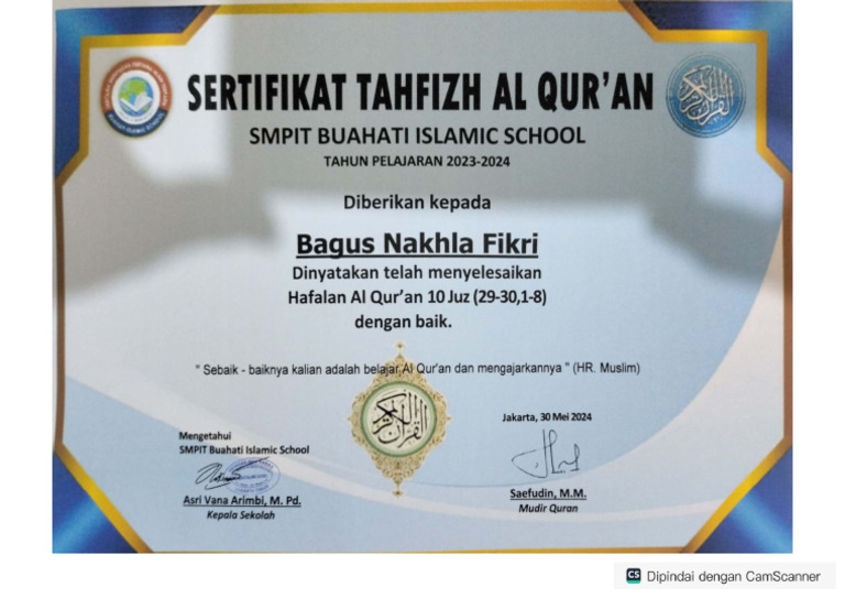 SERTIFIKAT TAHFIDZ 10 JUZ | PDF