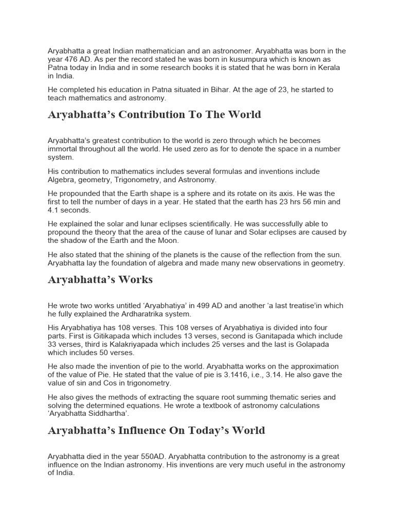 Aryabhatta A Great Indian Mathematician and An Astronomer | PDF | Astronomy