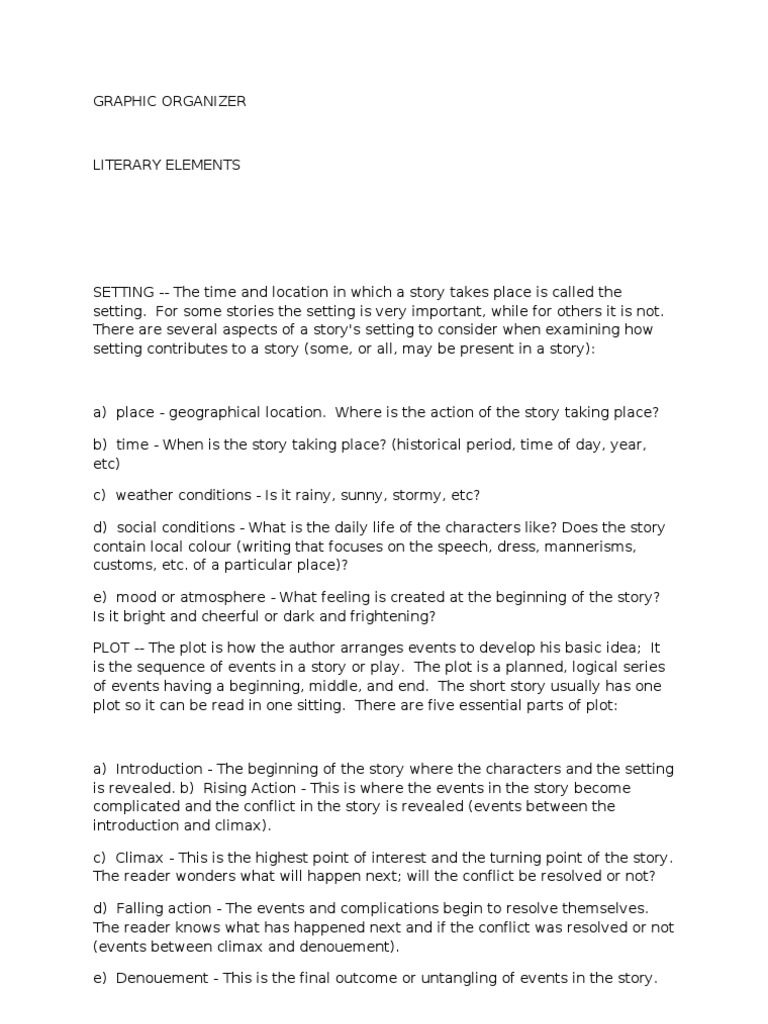 GRAPHIC ORGANIZER of Literature Elements | PDF | Plot (Narrative) | Narration