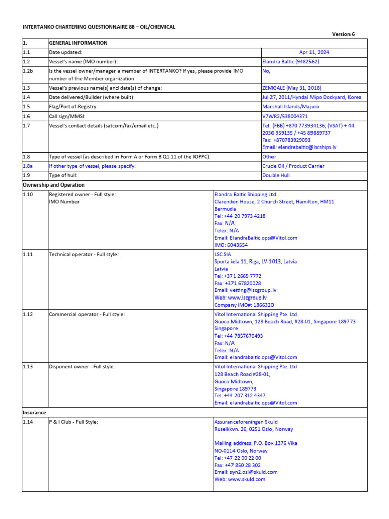Elandra Baltic - Q88 V6 (Oil and Chemical) - 11apr2024 | PDF | Pump | Tonnage