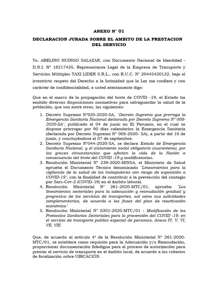 ANEXO 1 DECLARACION JURADA SOBRE EL AMBITO DE LA PRESTACION | Descargar gratis PDF | Estado de ...