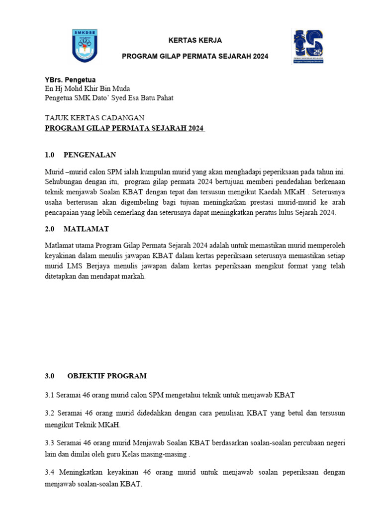 KERTAS KERJA program gilap permata Sejarah 2024 | PDF