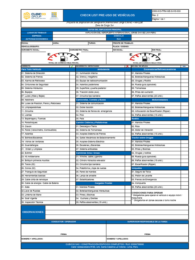 2350-IKO-FRM-GE-G-HS-033 - Formato Check List de Mantenimiento de Vehículos, Equipos y ...