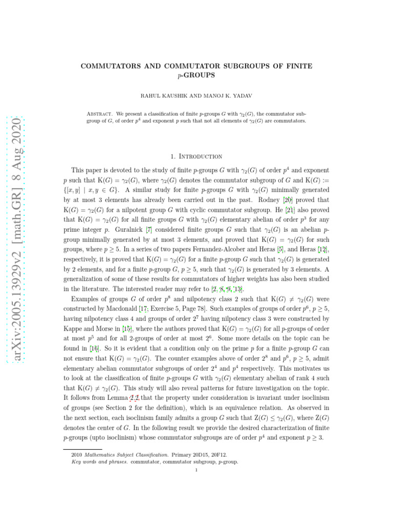 Commutators And Commutator Subgroups In Finite P Groups Pdf Group
