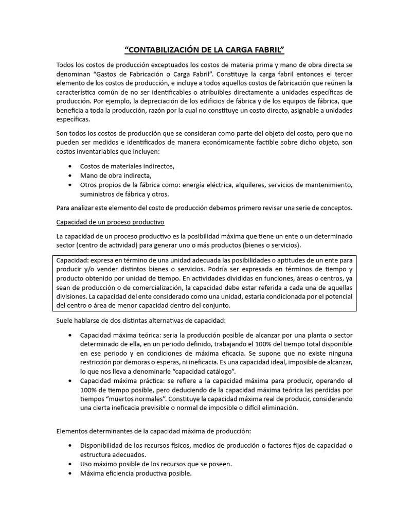 Carga Fabril: Costos y Capacidad | PDF | Costo | Business