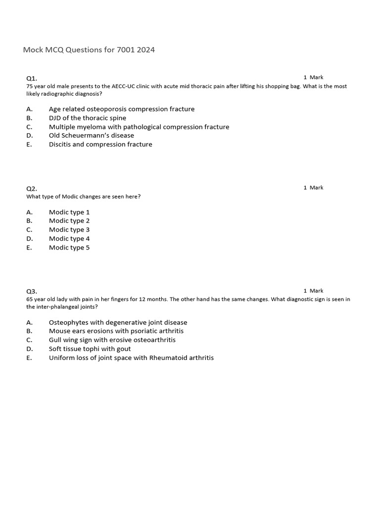 Mock MCQ Questions For 7001 2024 | Download Free PDF | Arthritis ...