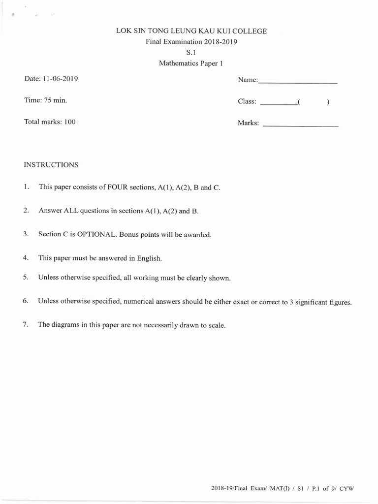 S.1 - Mathematics Paper 1 (2018-19) | PDF