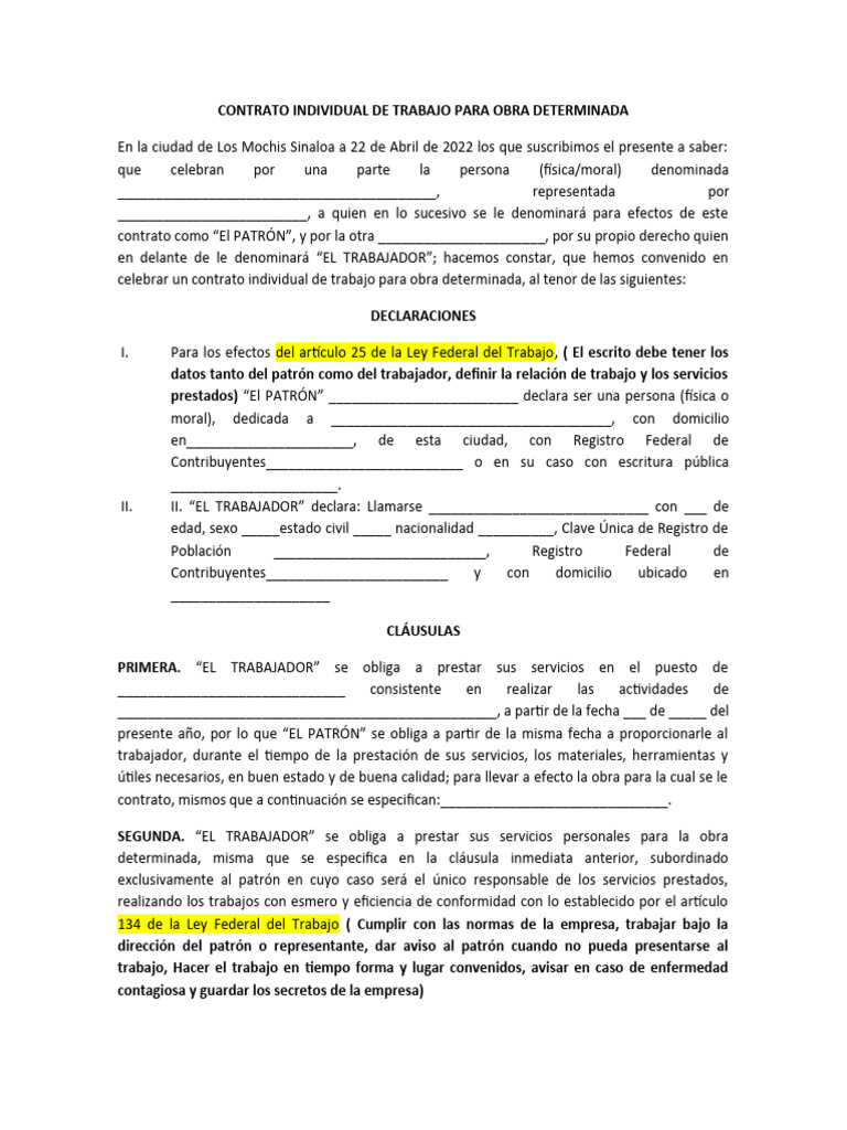 Contrato Individual de Trabajo para Obra Determinada | PDF | Salario | Personal