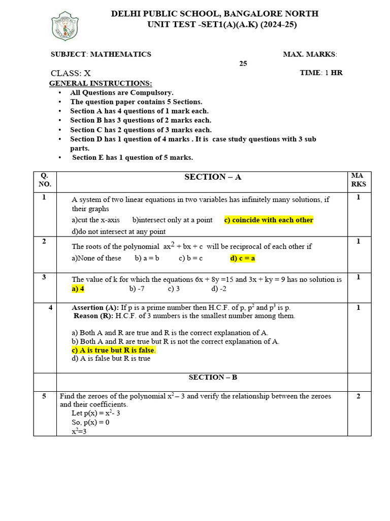 Answer Key For Maths TEST 2024-25 DPSBN | PDF | Polynomial | Equations