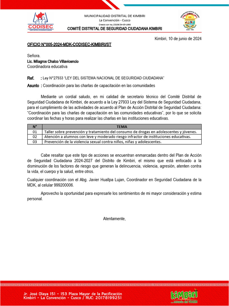 Codisec Kimbiri Oficio Simple N°005 Capacitación Coe | PDF